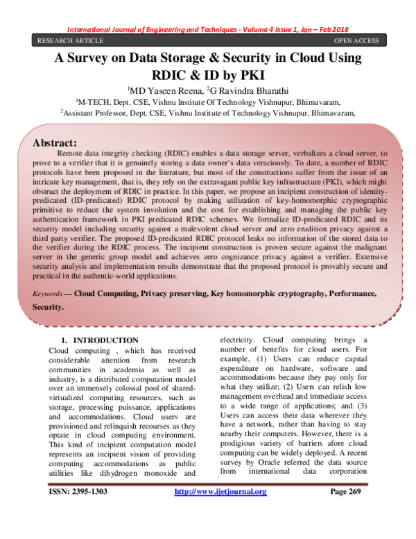 (PDF) A Survey on Data Storage & Security in Cloud Using RDIC & ID by PKI