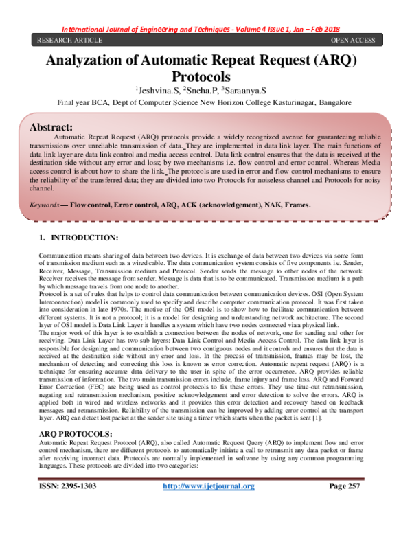 (PDF) Analyzation of Automatic Repeat Request (ARQ) Protocols