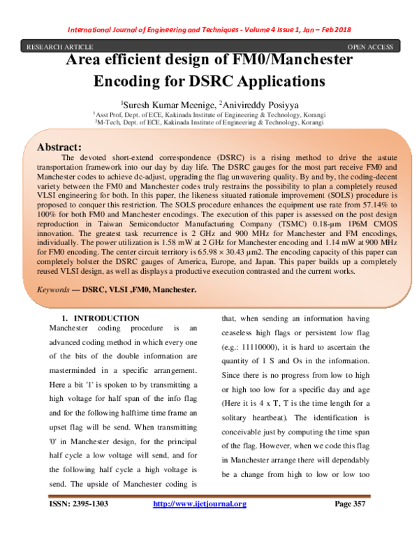 Pdf Area Efficient Design Of Fm0 Manchester Encoding For Dsrc Applications