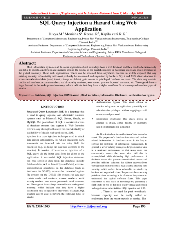 (PDF) SQL Query Injection a Hazard Using Web Application