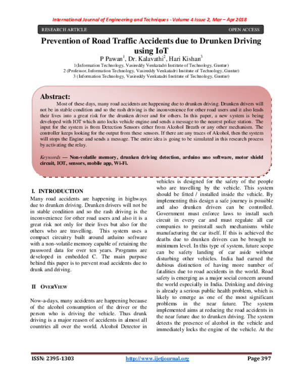 (PDF) Prevention of Road Traffic Accidents due to Drunken Driving using IoT