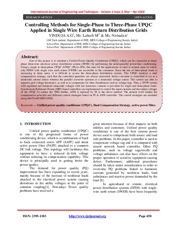 Pdf Controlling Methods For Single Phase To Three Phase Upqc Applied In Single Wire Earth