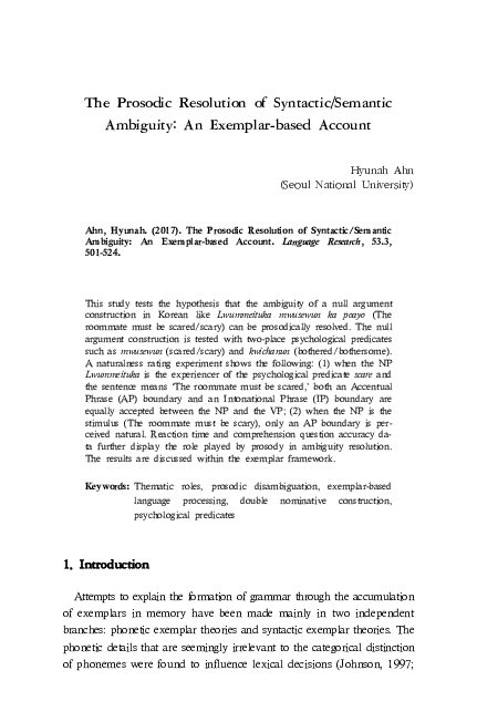 (PDF) The Prosodic Resolution of Syntactic/Semantic Ambiguity: An Exemplar-based Account