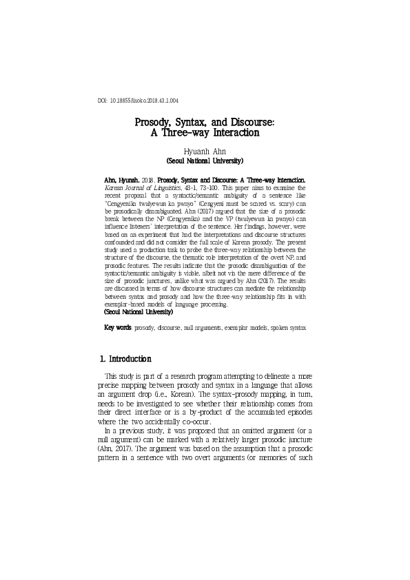 (PDF) Prosody, Syntax, and Discourse: A Three-way Interaction