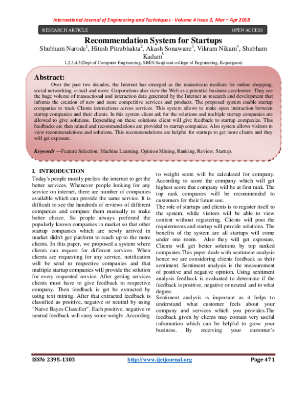 (PDF) Recommendation System for Startups