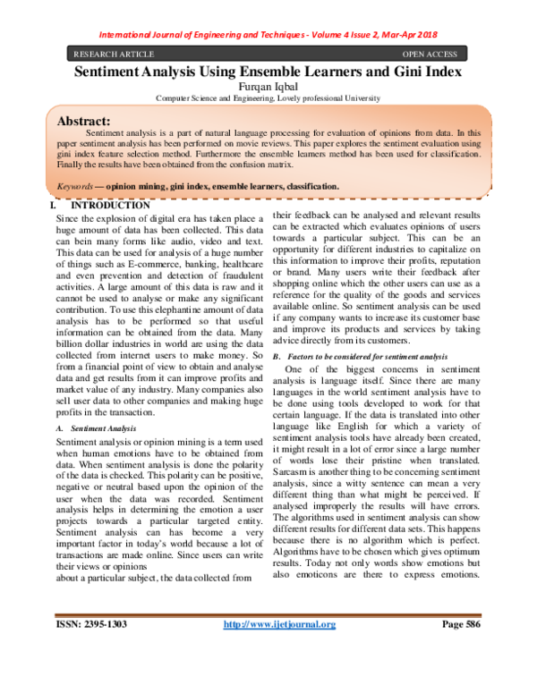 Pdf Sentiment Analysis Using Ensemble Learners And Gini Index