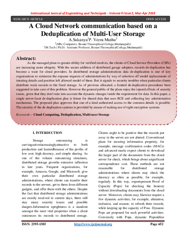 (PDF) A Cloud Network communication based on a Deduplication of Multi-User Storage