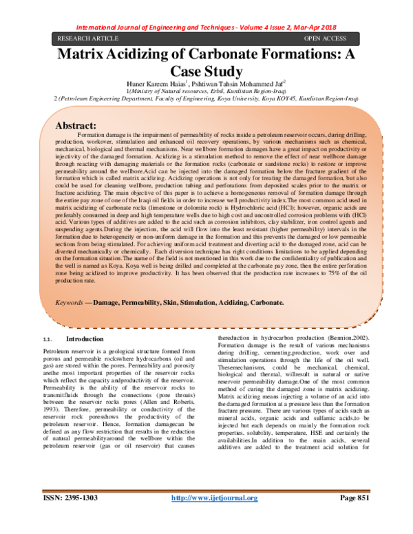 (PDF) Matrix Acidizing of Carbonate Formations: A Case Study