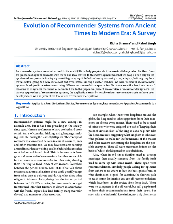 (PDF) Evolution of Recommender Systems from Ancient Times to Modern Era: A Survey