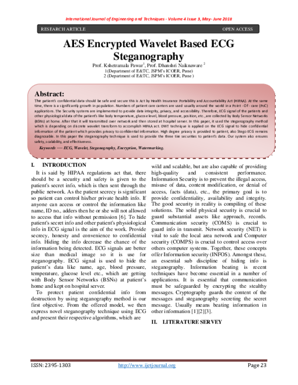 Pdf Aes Encrypted Wavelet Based Ecg Steganography