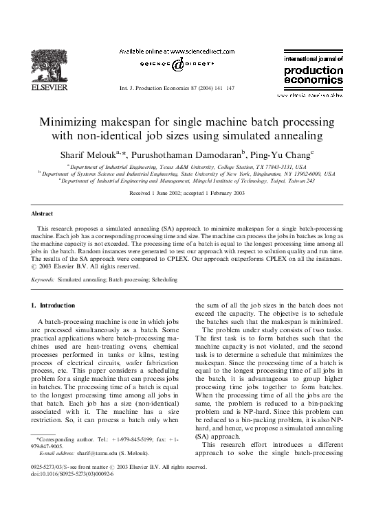 Pdf Minimizing Makespan For Single Machine Batch Processing With Non Identical Job Sizes Using