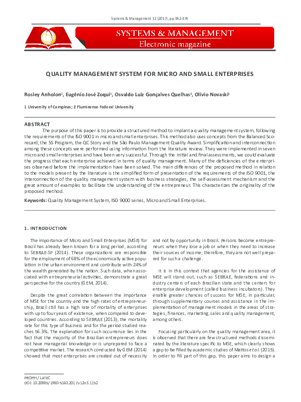 (PDF) QUALITY MANAGEMENT SYSTEM FOR MICRO AND SMALL ENTERPRISES