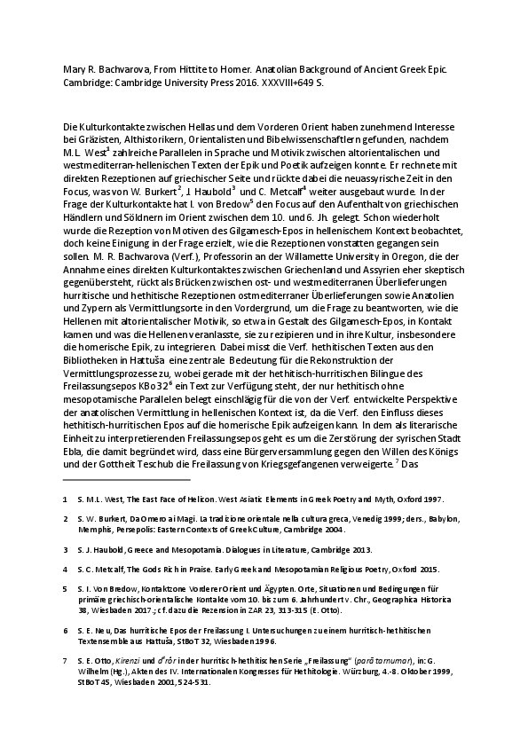 (PDF) Eckart Otto, Review of Mary R. Bachvarova, From Hittite to Homer ...