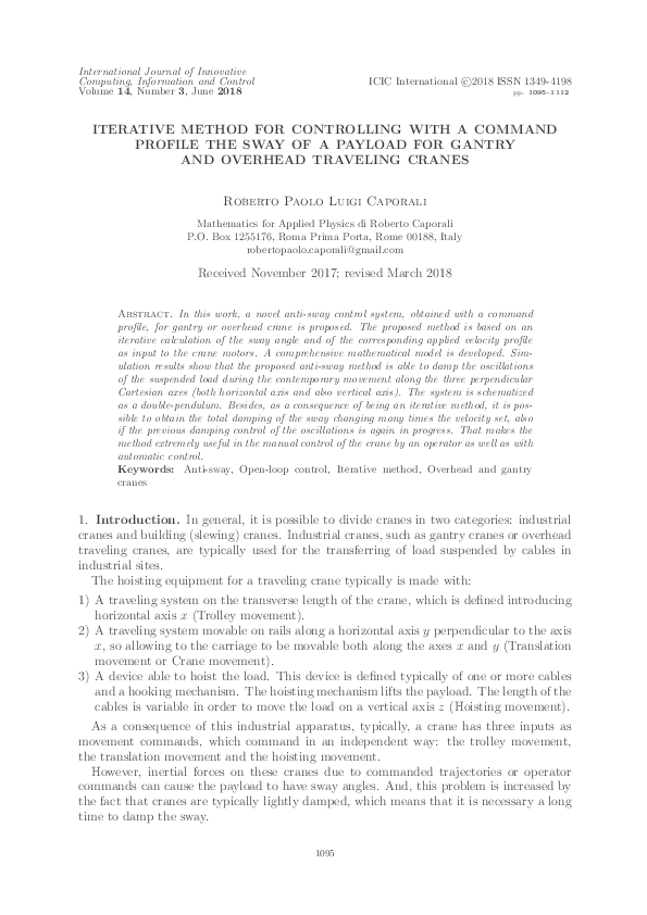 Pdf Iterative Method For Controlling With A Command Profile The Sway Of A Payload For Gantry