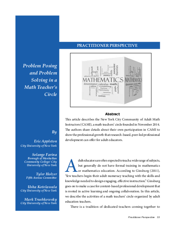 (PDF) Problem Posing and Problem Solving in a Math Teacher's Circle