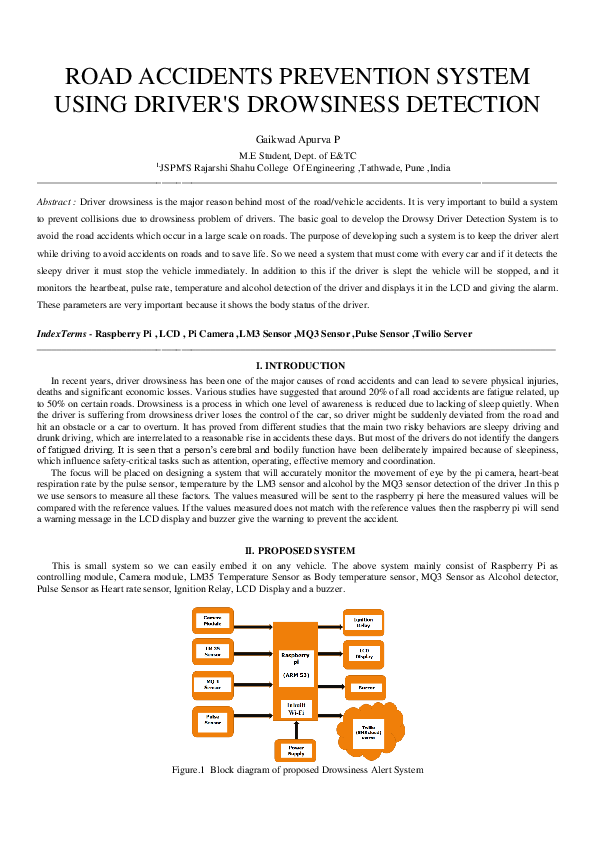 (DOC) ROAD ACCIDENTS PREVENTION SYSTEM USING DRIVER'S DROWSINESS DETECTION