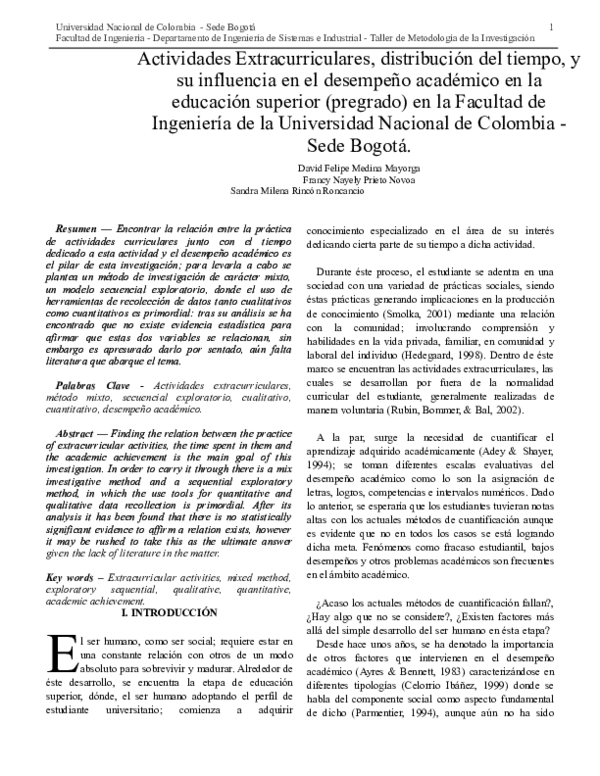 (DOC) Actividades Extracurriculares, distribución del tiempo, y su ...