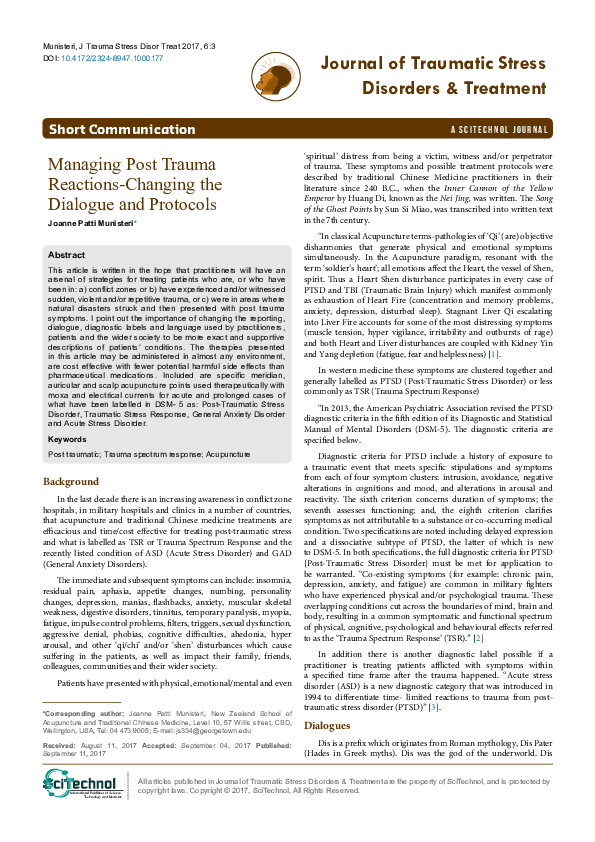 (PDF) Managing Post Trauma Reactions-Changing the Dialogue and Protocols