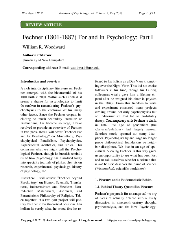 (PDF) Fechner (1801-1887) For and In Psychology: Part I. Archives of ...