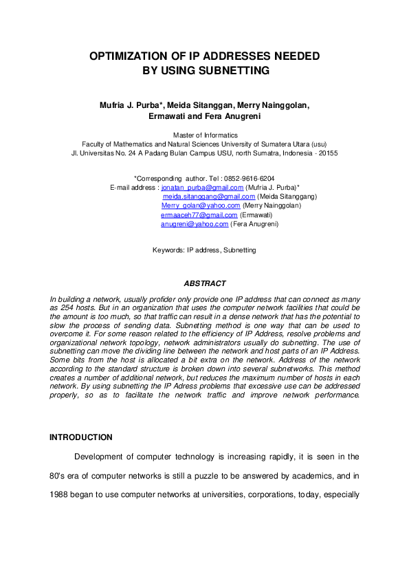 (DOC) OPTIMIZATION OF IP ADDRESSES NEEDED BY USING SUBNETTING