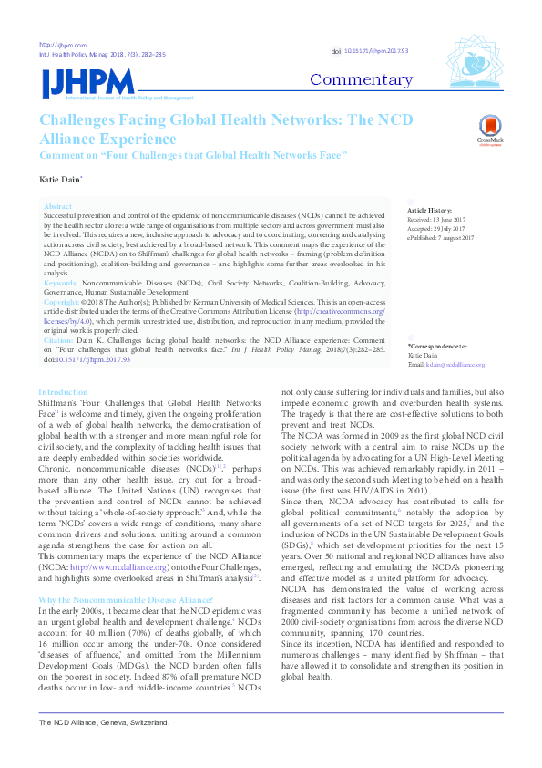 (PDF) Challenges Facing Global Health Networks: The NCD Alliance ...