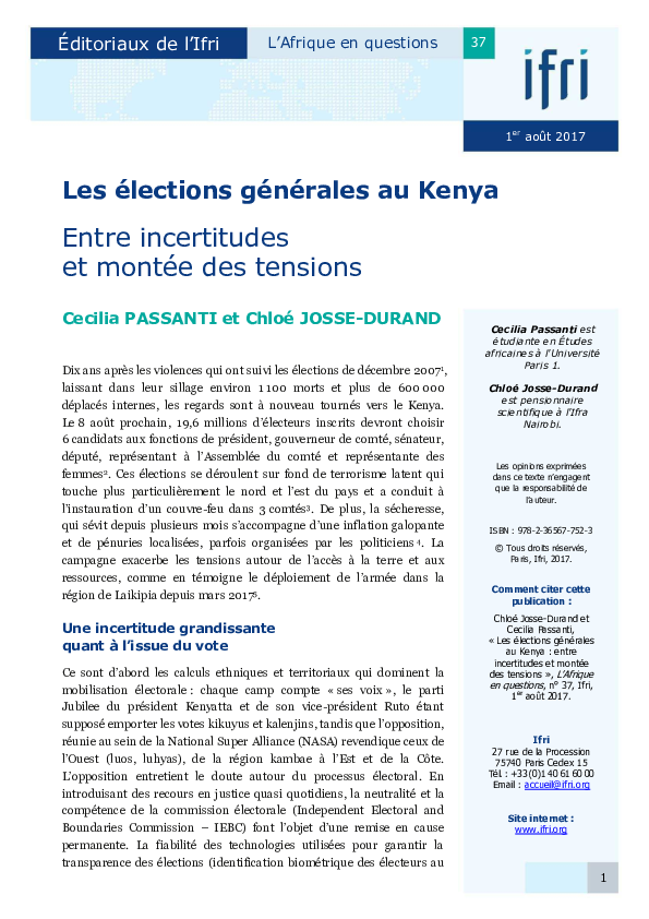 (PDF) « Les élections générales au Kenya : entre incertitudes et montée ...