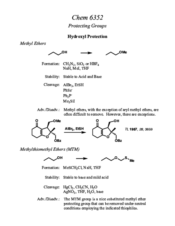 (PDF) Chem 6352 Protecting Groups Hydroxyl Protection Methyl Ethers ...