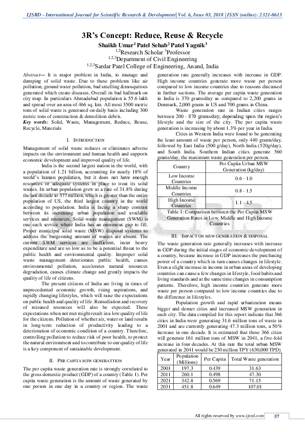 (PDF) 3R's Concept: Reduce, Reuse& Recycle | IJSRDV6I30058