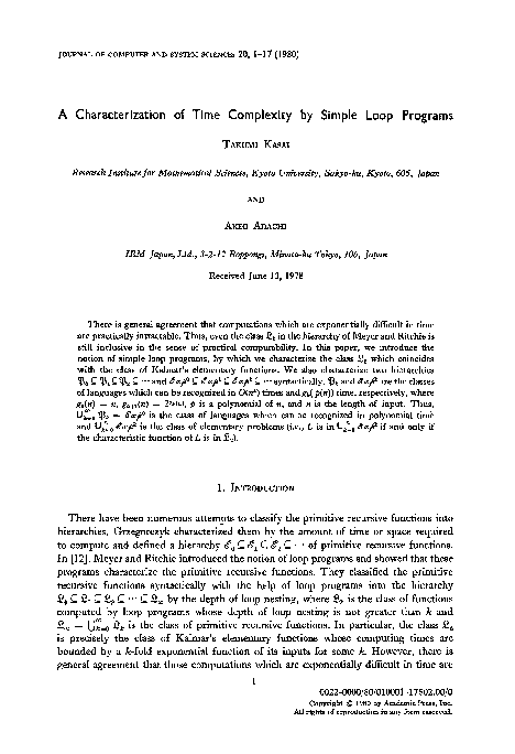 (PDF) A Characterization of Time Complexity by Simple Loop Programs