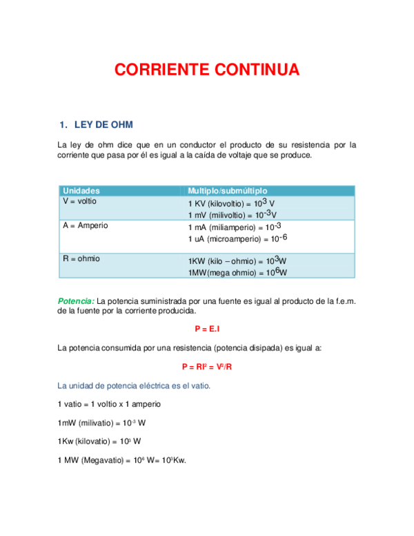 (PDF) CORRIENTE CONTINUA 1. LEY DE OHM
