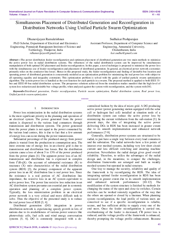 Pdf Simultaneous Placement Of Distributed Generation And Reconfiguration In Distribution