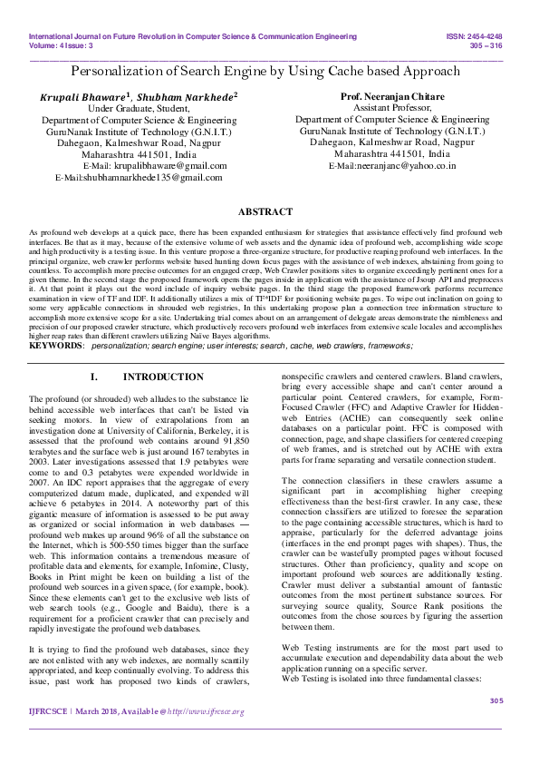 (PDF) Personalization of Search Engine by Using Cache based Approach | IJFRCSCE Journal and ...