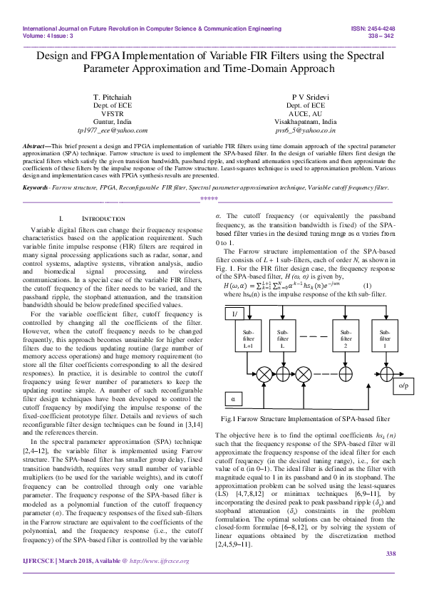 Pdf Design And Fpga Implementation Of Variable Fir Filters Using The Spectral Parameter