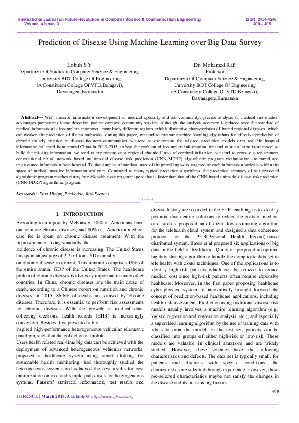 Pdf Prediction Of Disease Using Machine Learning Over Big Data Survey