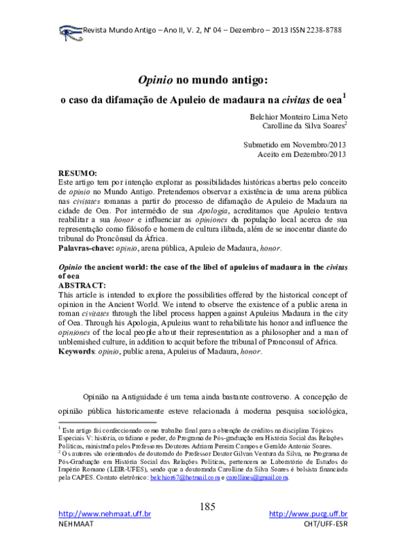 (PDF) OPINIO NO MUNDO ANTIGO: O CASO DA DIFAMAÇÃO DE APULEIO DE MADAURA ...