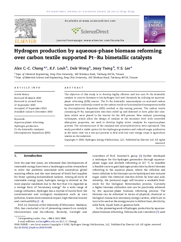 (PDF) Hydrogen production by aqueous-phase biomass reforming over ...