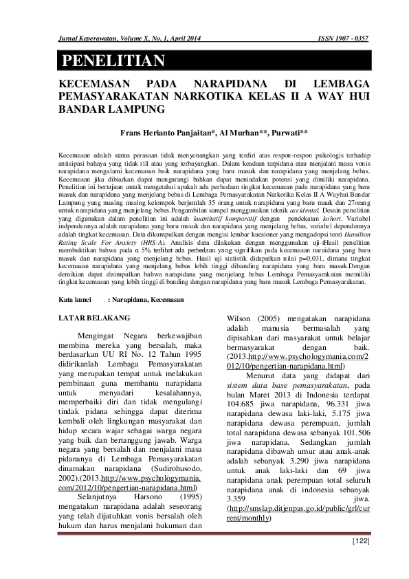 (PDF) KECEMASAN PADA NARAPIDANA DI LEMBAGA PEMASYARAKATAN NARKOTIKA KELAS II A WAY HUI BANDAR ...