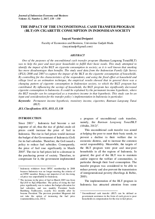 (PDF) THE IMPACT OF THE UNCONDITIONAL CASH TRANSFER PROGRAM (BLT) ON ...