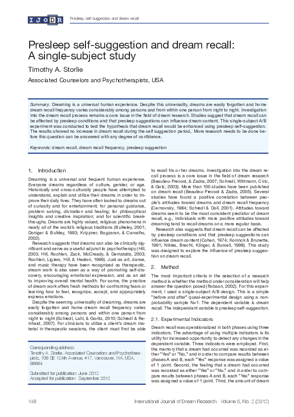 (PDF) Presleep Self-Suggestion and Dream Recall Study