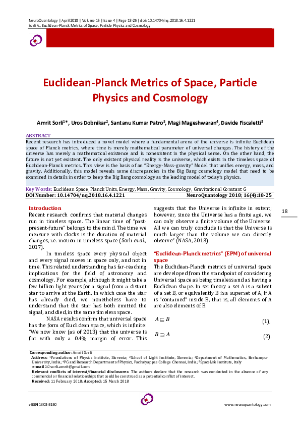 (PDF) Euclidean-Planck Metrics of Space, Particle Physics and Cosmology