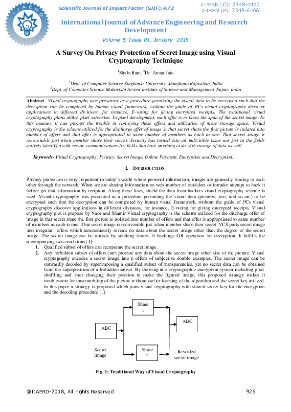 Pdf A Survey On Privacy Protection Of Secret Image Using Visual Cryptography Technique