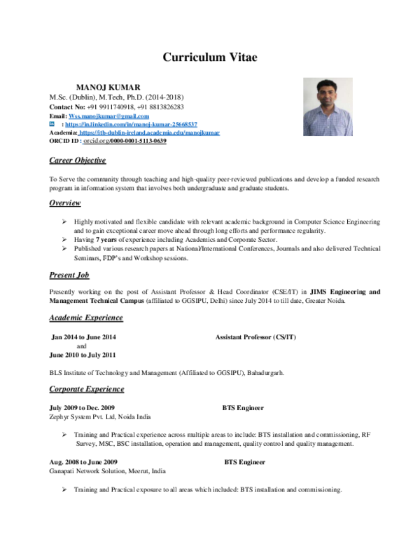 (PDF) Curriculum Vitae Academic Experience | Dr. Manoj Kumar - Academia.edu