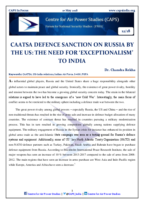 (PDF) CAATSA DEFENCE SANCTION ON RUSSIA BY THE US: THE NEED FOR ...