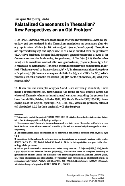 (PDF) Palatalized consonants in Thessalian? New perspectives on an old problem