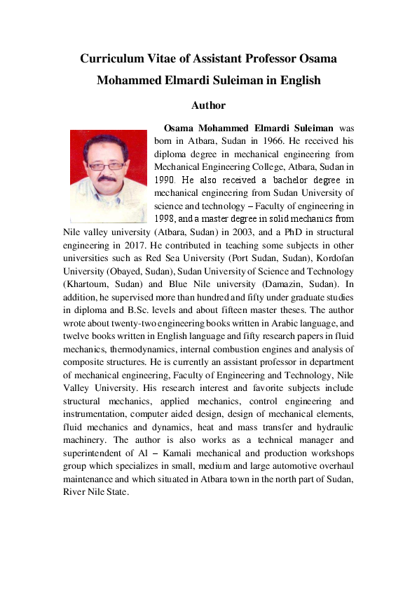(PDF) Curriculum Vitae of Assistant Professor Osama Mohammed Elmardi Suleiman in English | Dr ...