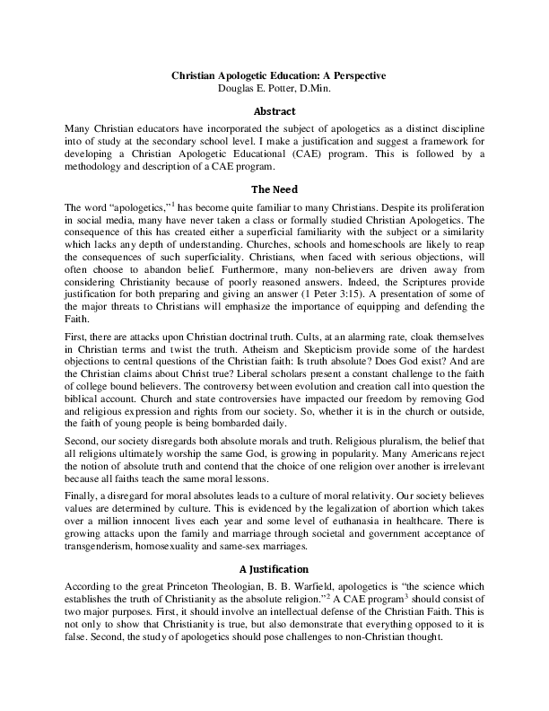 (PDF) CHRISTIAN APOLOGETICS EDUCATION: A PERSPECTIVE | Doug Potter ...