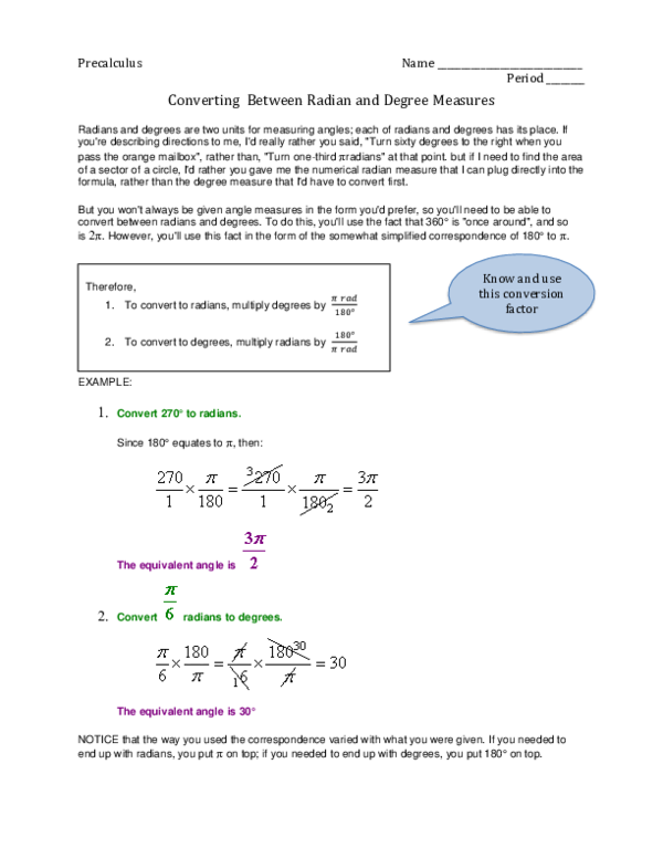 (DOC) Converting Between Radian and Degree Measures