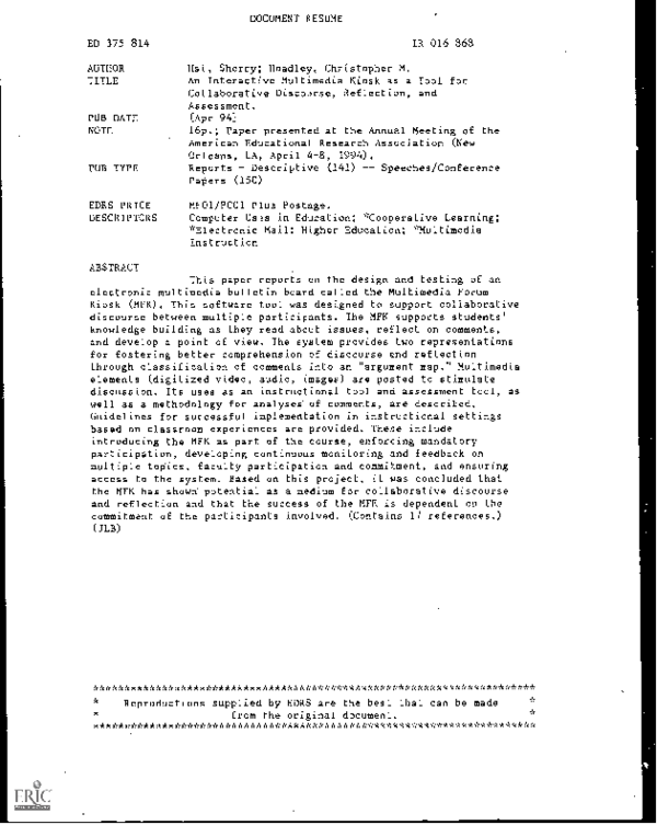 (PDF) An interactive multimedia kiosk as a tool for collaborative discourse, reflection and ...