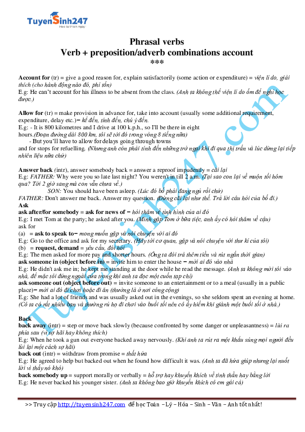 (PDF) Phrasal verbs Verb + preposition/adverb combinations account