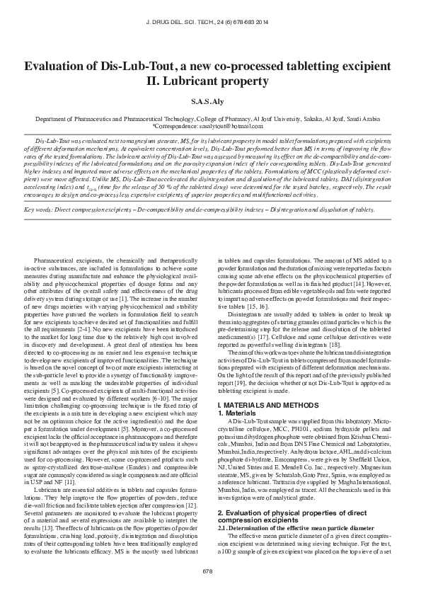 (PDF) Evaluation of Dis-Lub-Tout, a new co-processed tabletting ...